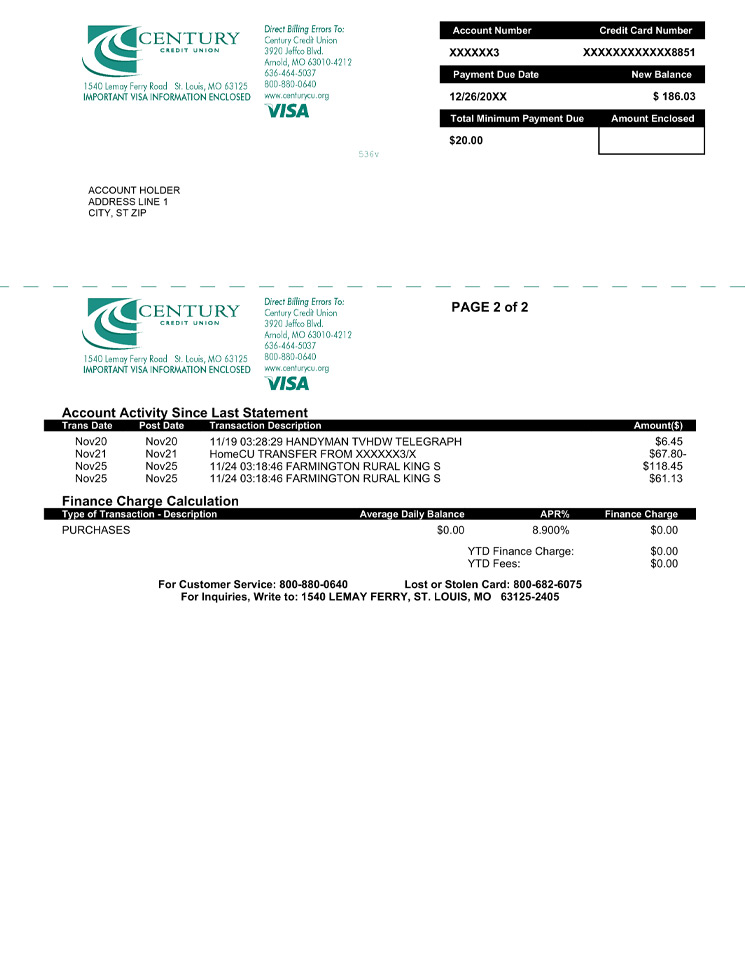 Century Credit Union - Credit Card Statement Design - LKCS